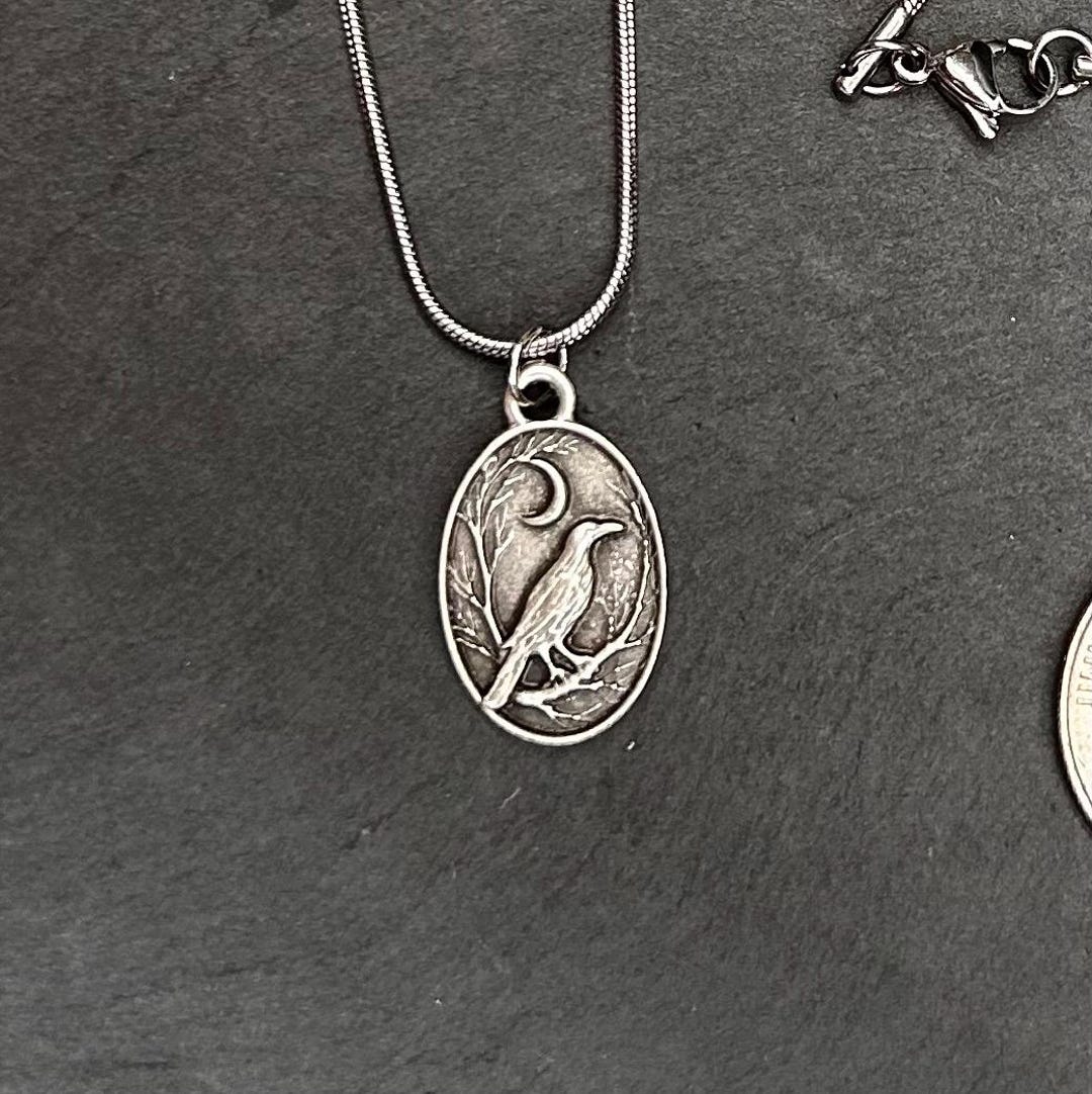 Silver Raven Branch Crescent Moon Oval Pendant on Snake Chain - Etsy