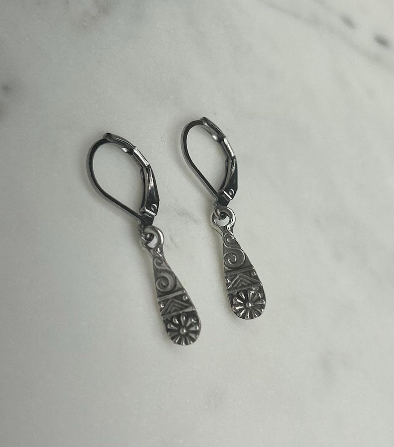 Tiny Silver Teardrop Leverback Earrings: Ethnic Floral Swirl Design - Etsy
