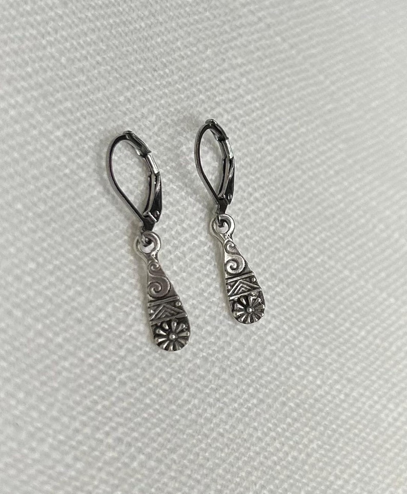 Tiny Silver Teardrop Leverback Earrings: Ethnic Floral Swirl Design - Etsy