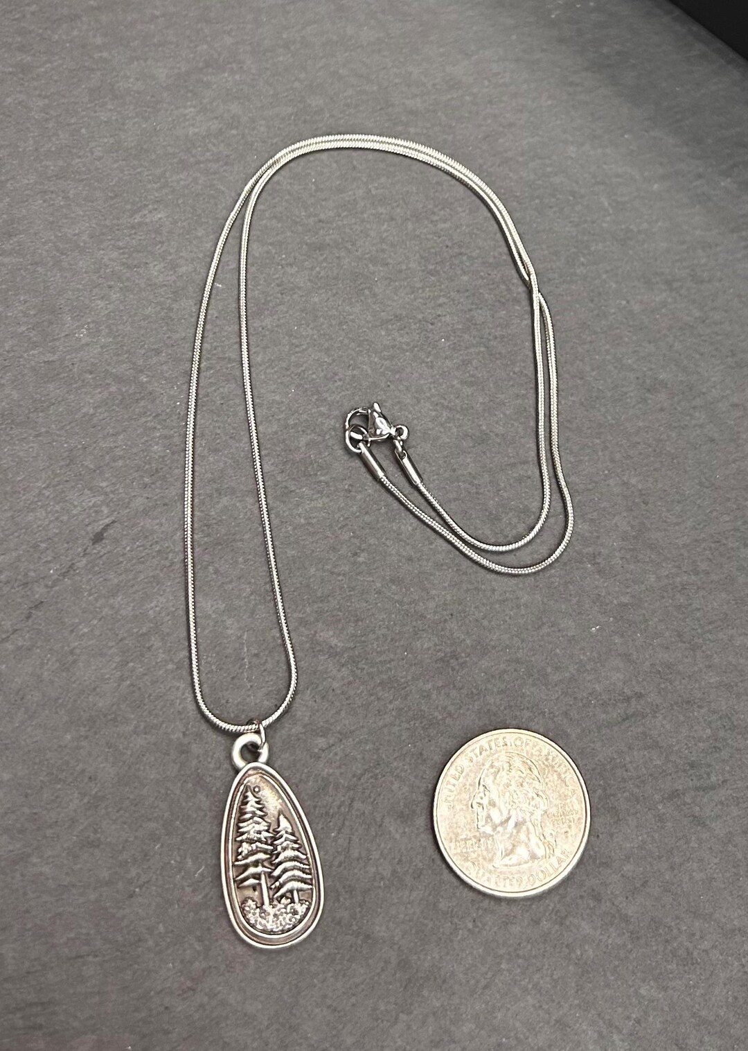 Teardrop Silver Evergreen Trees Pendant on Snake Chain - Etsy