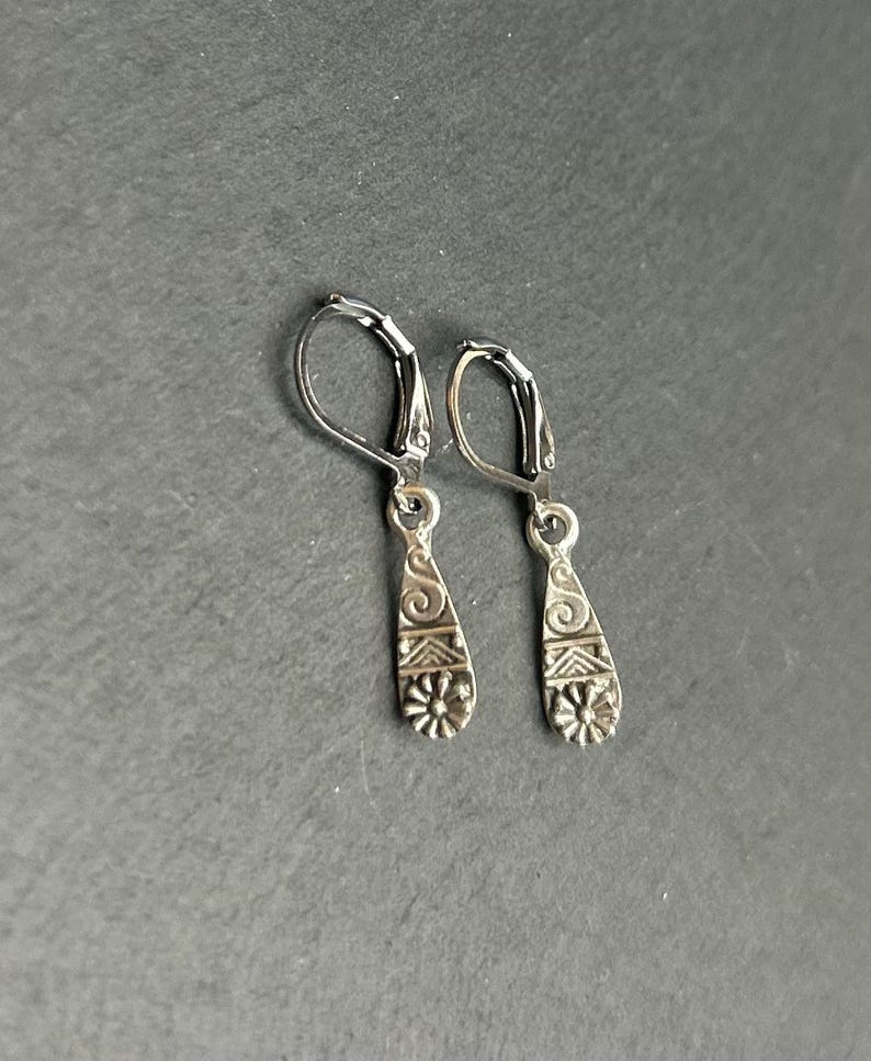 Tiny Silver Teardrop Leverback Earrings: Ethnic Floral Swirl Design - Etsy