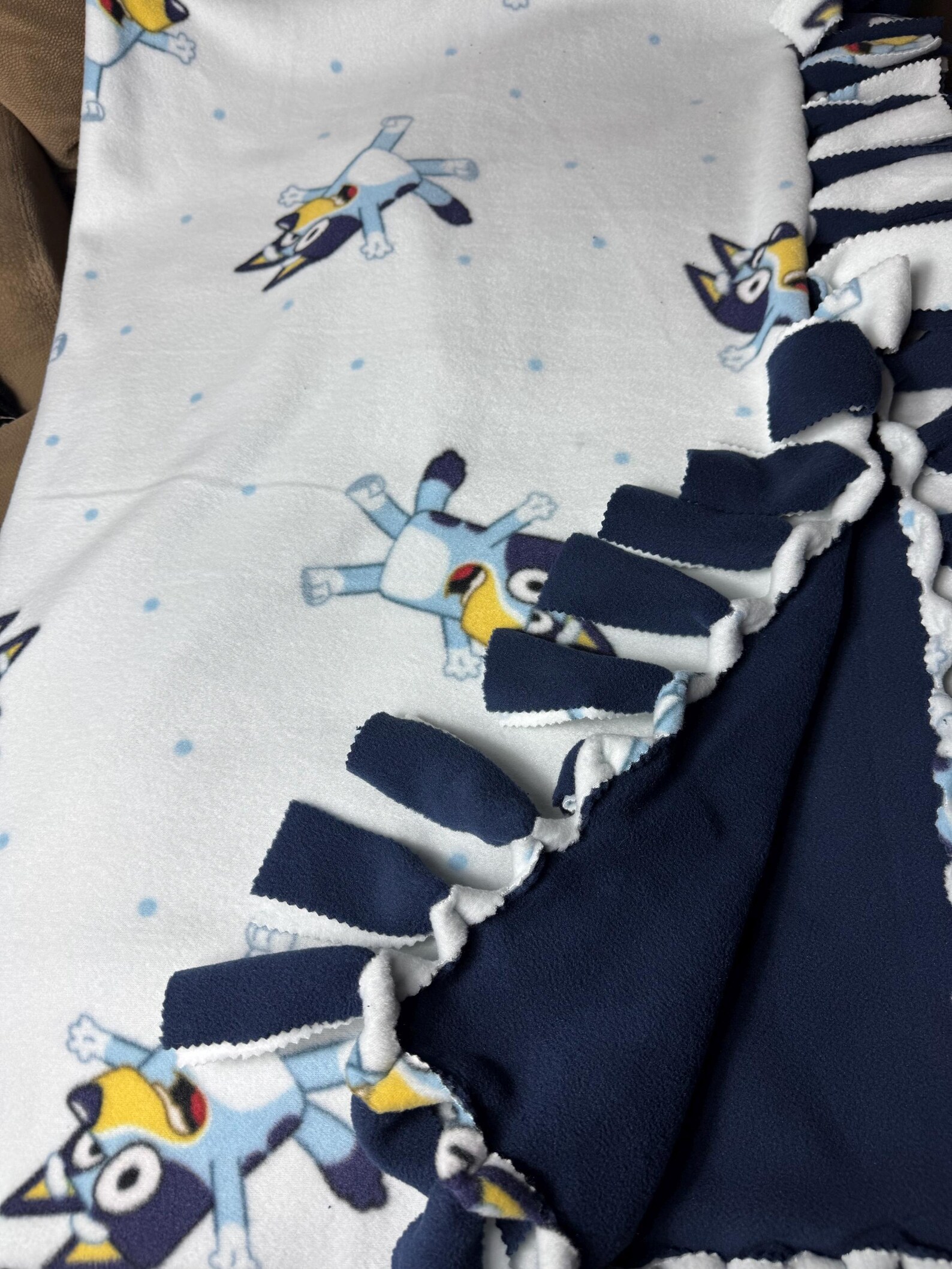 Handmade Bluey Fleece Tie Blanket With Solid Navy Blue Anti Pill on the ...