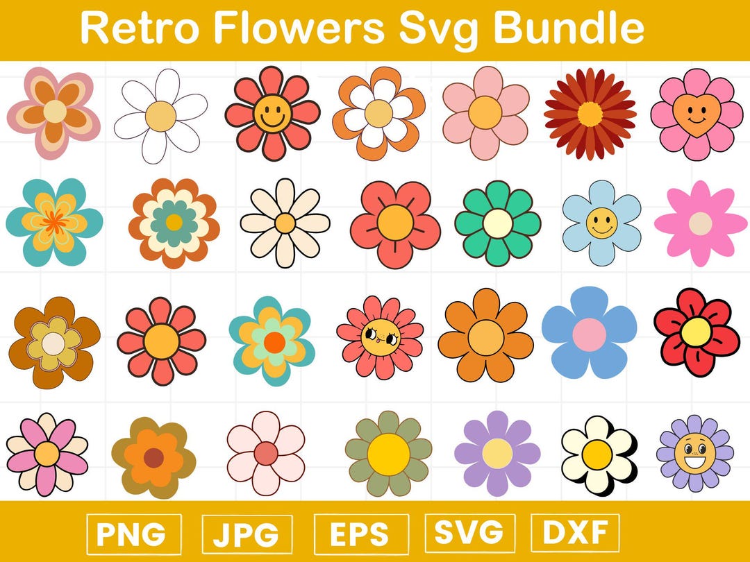 Retro Flowers Svg, Flower Clipart, Daisy Flower Cut File,boho Flower ...