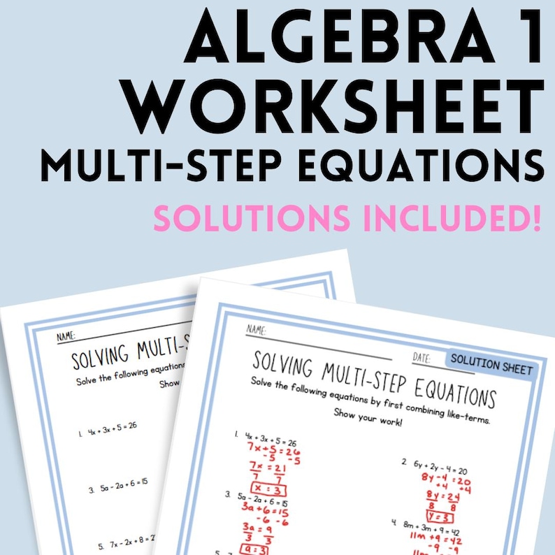 Algebra 1 Worksheet Multi-step Equations Solutions Included! - Etsy