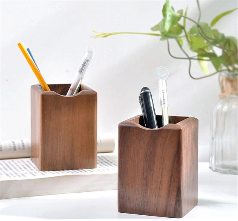 Handcrafted Walnut Wood Pen Holder Set: Desk Organizer (7x7x10 Cm ...