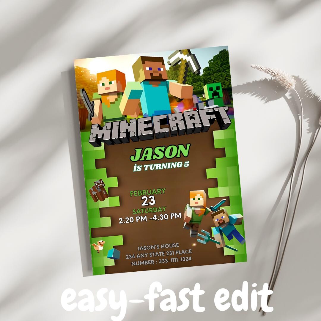 Editable Minecraft Birthday Invitation, Kitty Digital Birthday Template ...
