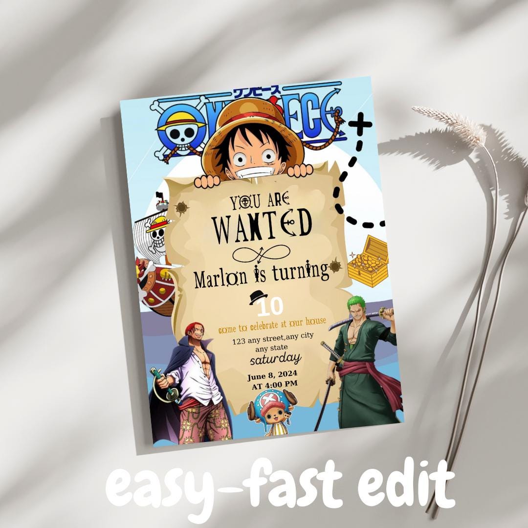Invitación de cumpleaños de Piece, invitación a una fiesta de One Piece ...