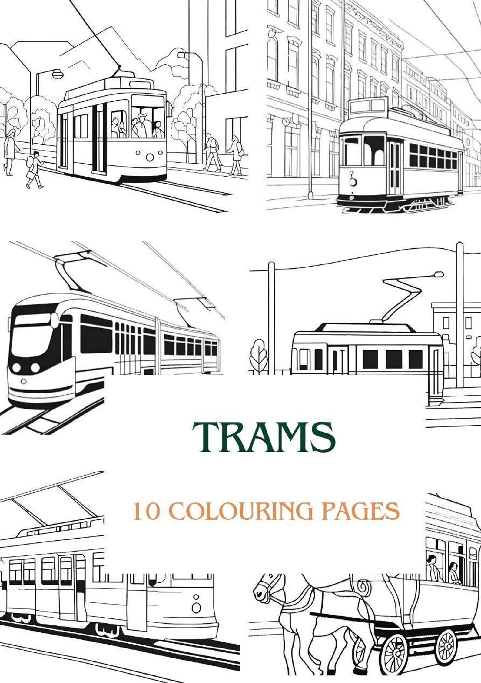 Trams - 10 Colouring Pages (printable PDF) - Etsy