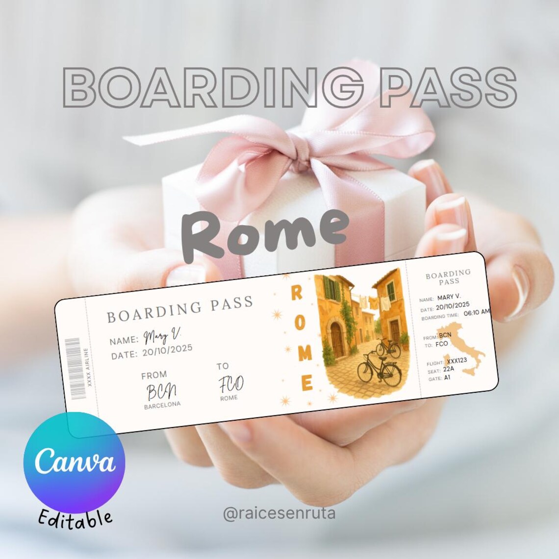 Rome Boarding Pass, Editable Boarding Pass Gift Ticket, Editable ...