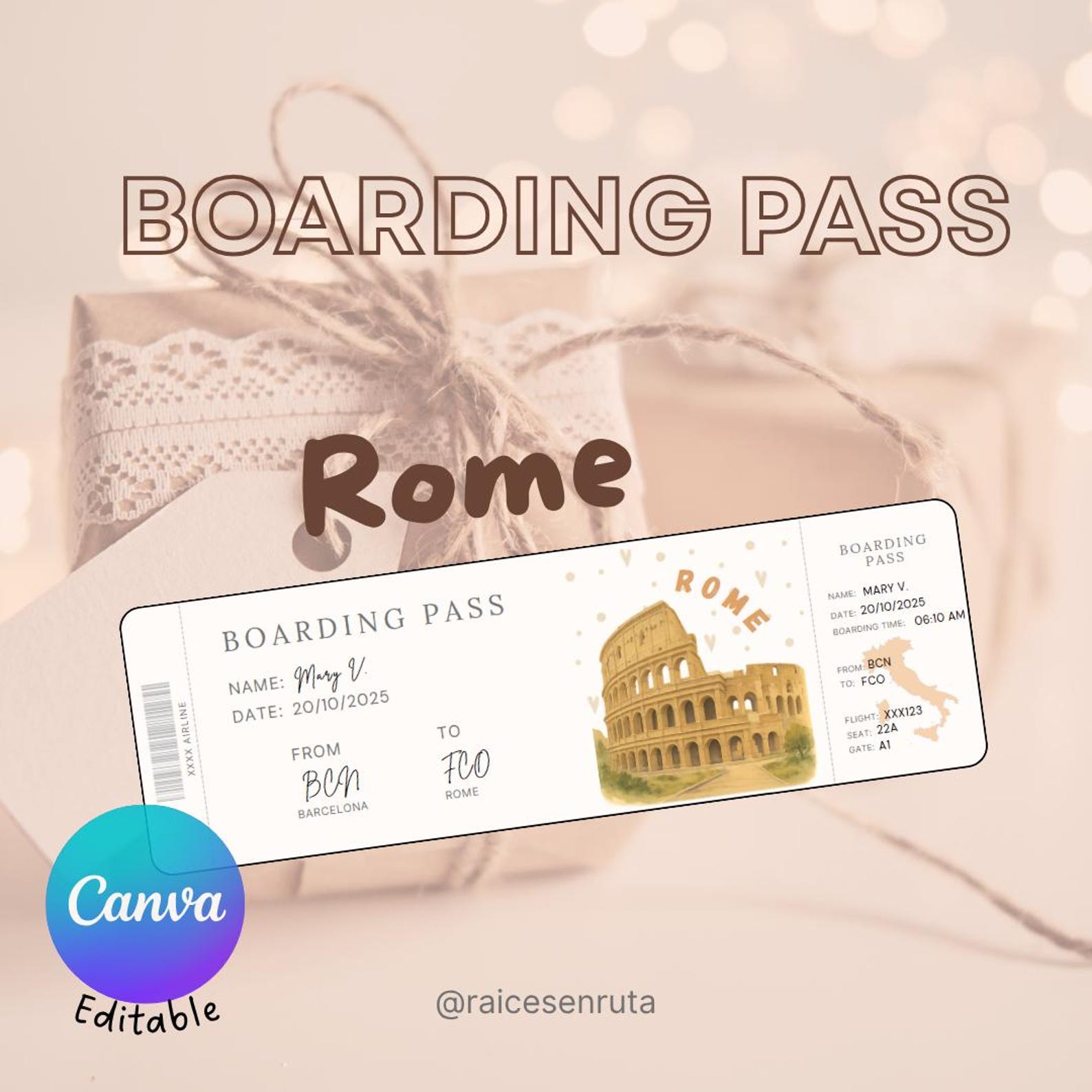 Rome Boarding Pass, Editable Boarding Pass Gift Ticket, Editable ...