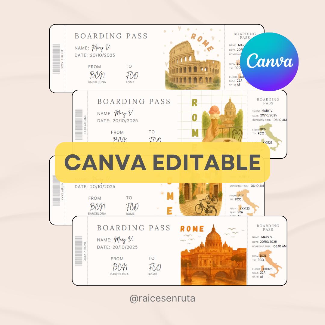 Rome Boarding Pass, Editable Boarding Pass Gift Ticket, Editable ...