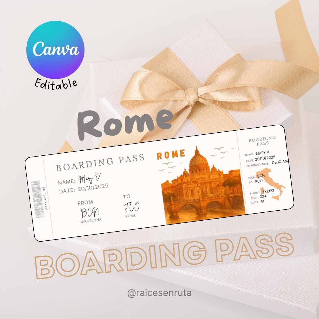Rome Boarding Pass, Editable Boarding Pass Gift Ticket, Editable ...