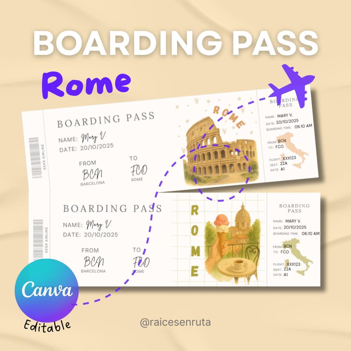Rome Boarding Pass, Editable Boarding Pass Gift Ticket, Editable ...
