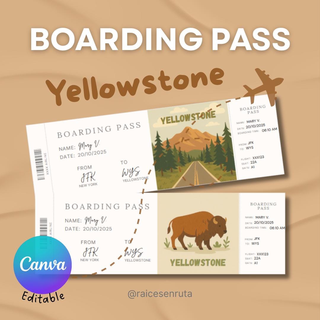 Yellowstone Boarding Pass Ticket, Editable and Printable Surprise Gift ...