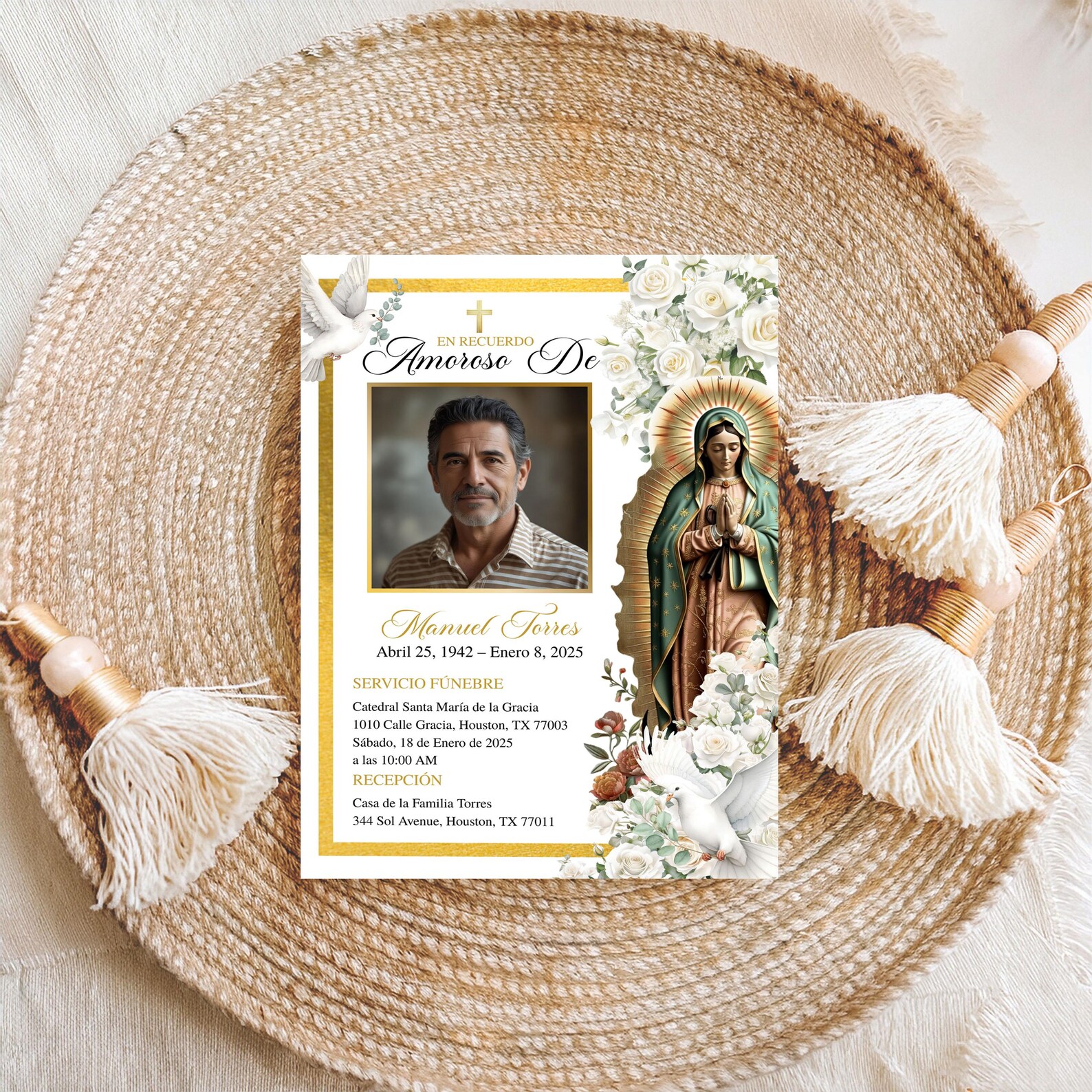 Tarjeta Fúnebre Española, Invitación Funeral Editable, Virgen Guadalupe ...