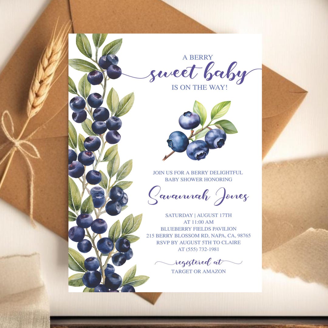 Editable Berry Sweet Baby is on the Way Invite, Blueberry Baby Shower ...