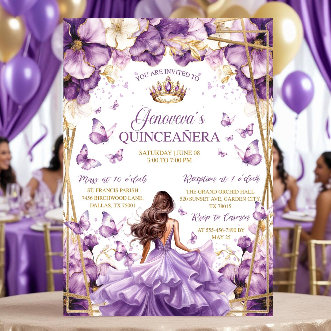 Purple Lilac and Gold Floral Quinceañera Invitation, Editable Canva ...