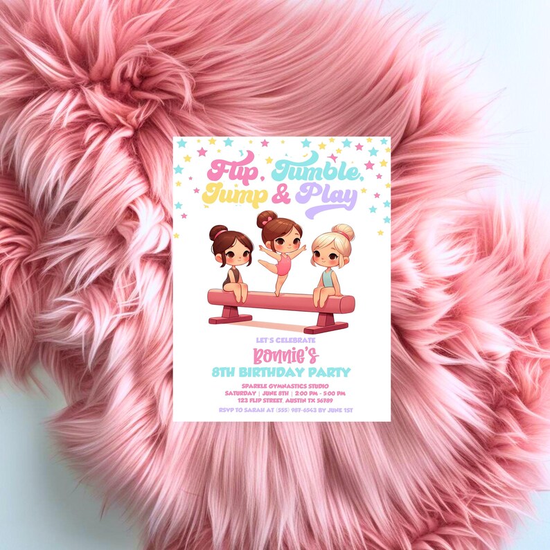 Editable Gymnastics Birthday Invitation, Pink Flip Jump Twist Invite ...
