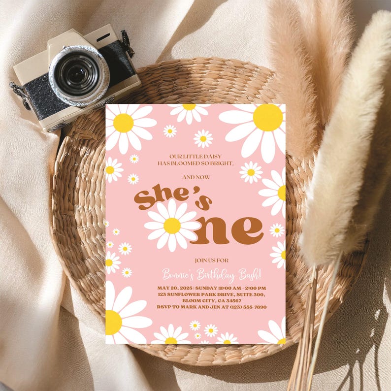 Editable Pink Daisy 1st Birthday Invite, Daisy Birthday Invitation ...