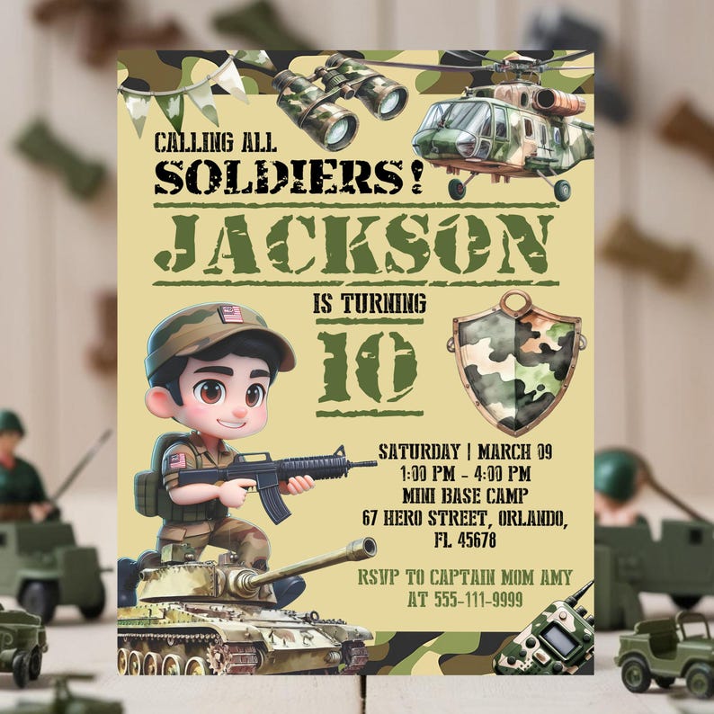 Military Birthday Invitation, Army Party Invite, Editable Soldier ...
