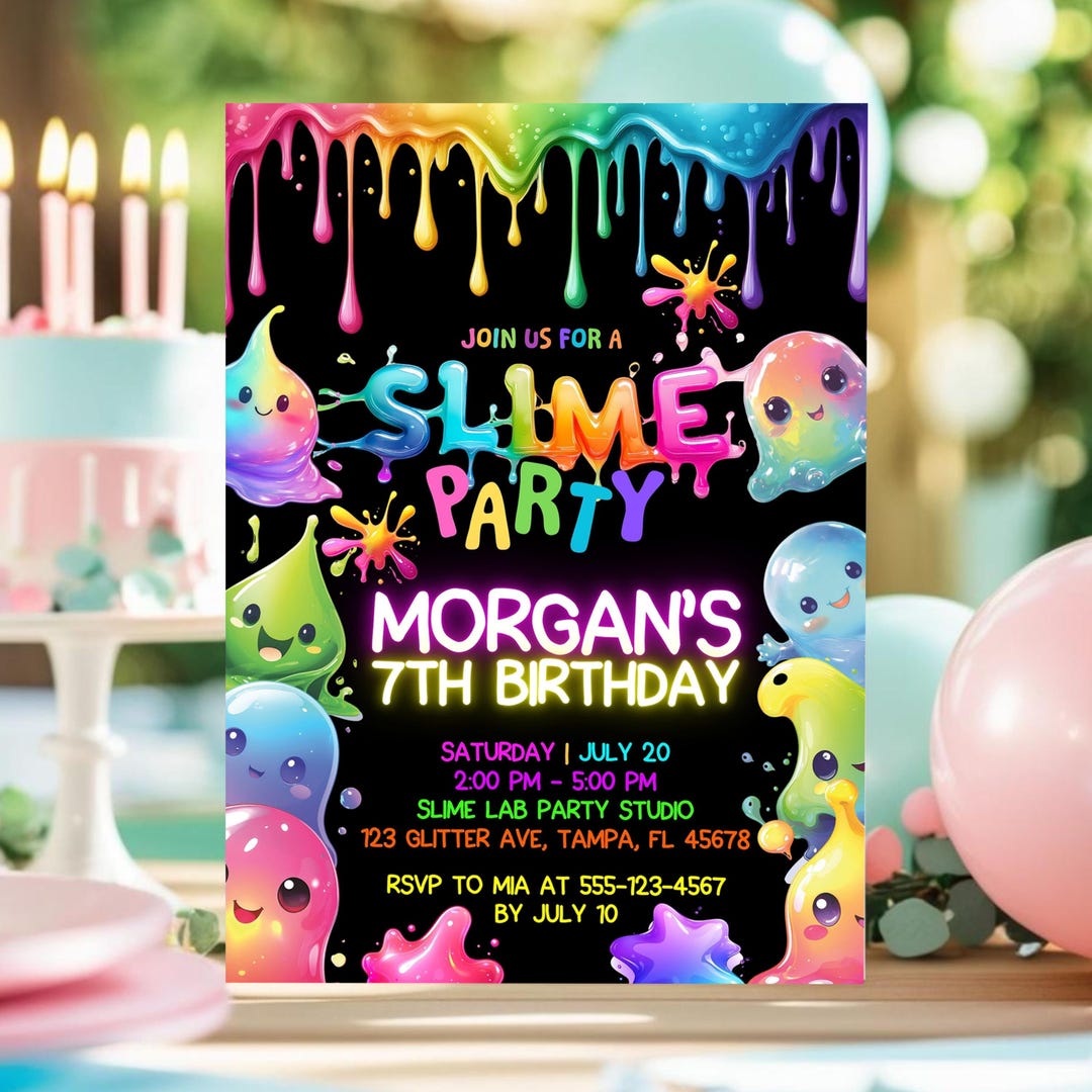 Editable Slime Birthday Invitation Template, Neon Glow Slime Party ...