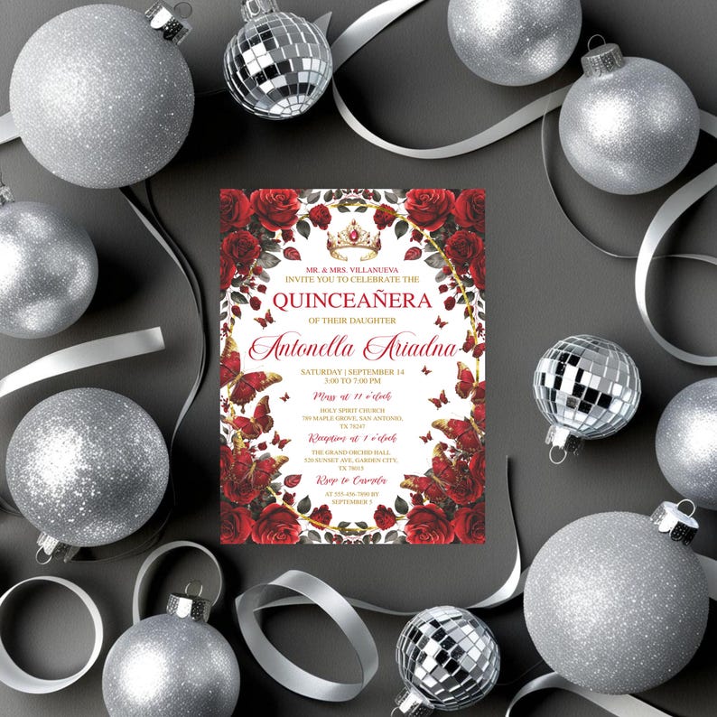 Editable Red Quinceañera Invitation Burgundy and Gold Floral Butterfly ...