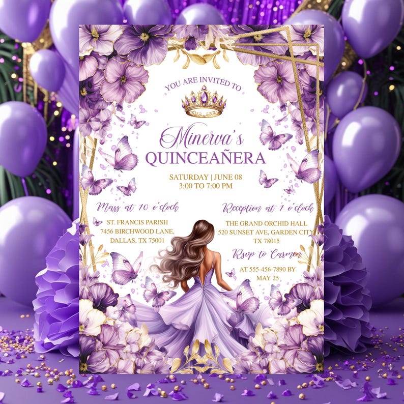Princess Quinceañera Invitation Lilac Gold, Editable Butterfly Floral ...