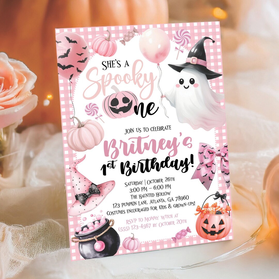 Editable Cute Pink Ghost Spooky One Invitation, Halloween 1st Birthday ...