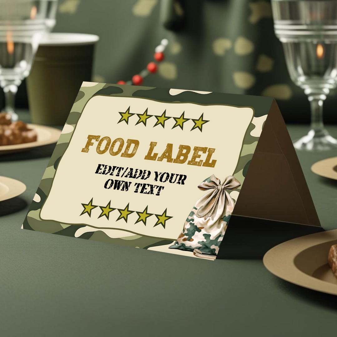 Army Food Tent Labels, Editable Military Party Place Cards, Camo ...