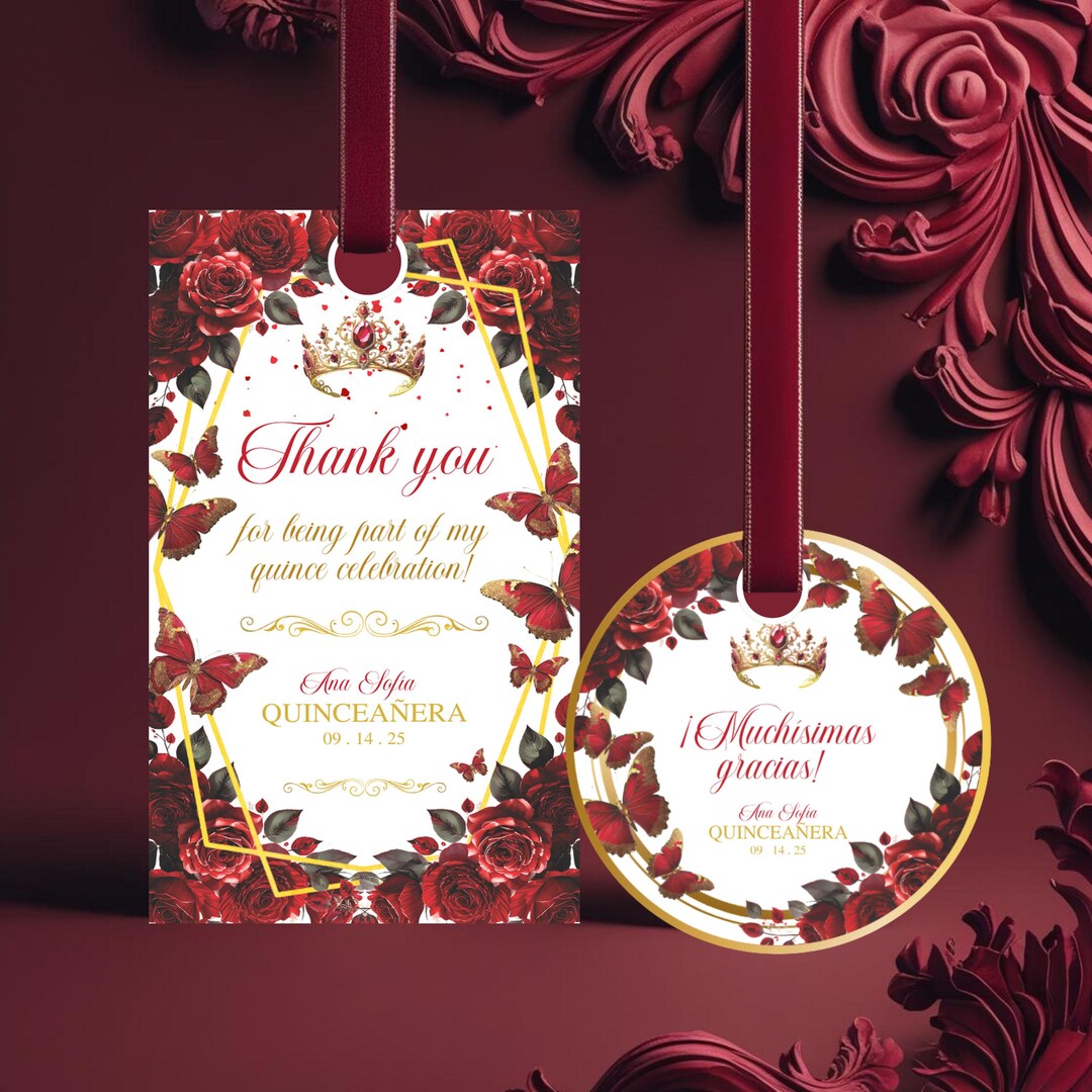 Red Burgundy & Gold Quinceañera Favor Tag, Editable Mis Quince Anos ...
