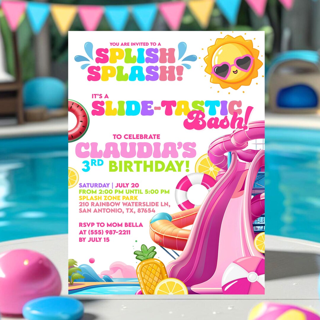 Water Slide Birthday Party Invitation, Fun Kids Summer Party Invite ...