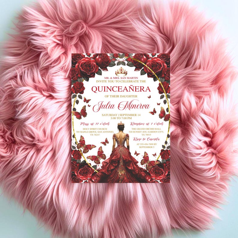 Printable Quinceañera Invitation, Red Burgundy & Gold Roses Editable ...