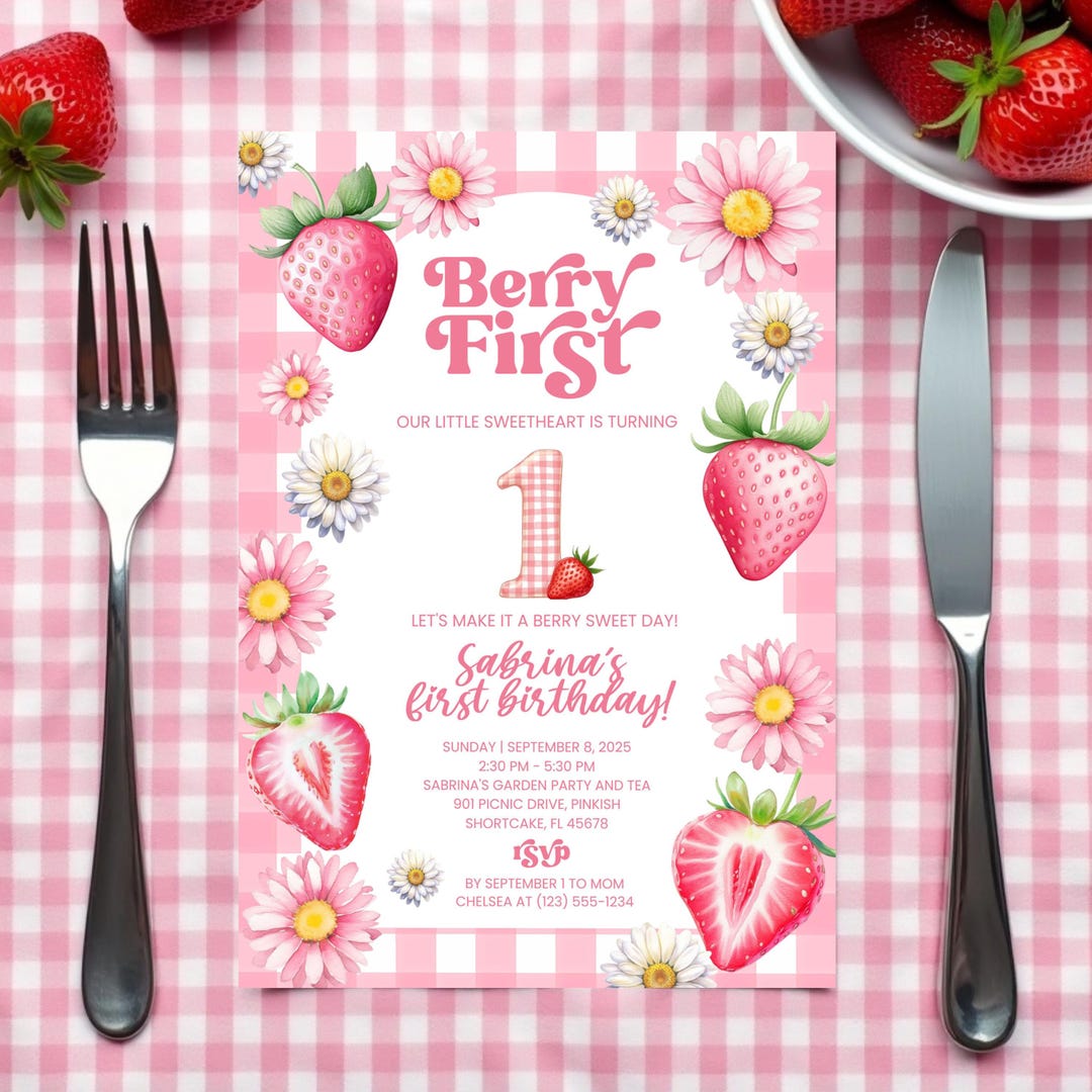 Berry Sweet 1st Birthday Invitation, Editable Strawberry First Birthday ...