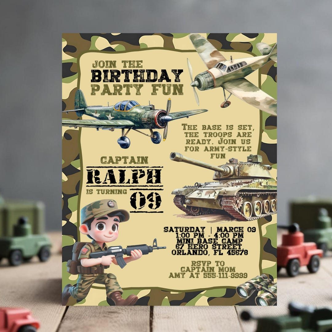 Army Party Invitation for Boys, Military Birthday, Editable Camo ...