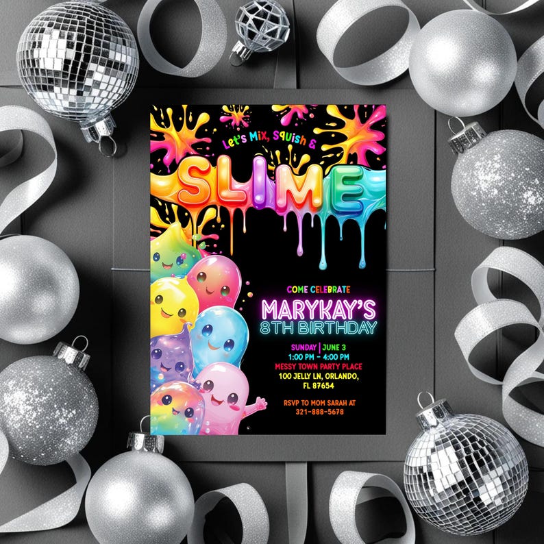 Editable Slime Time Party Invitation Template, Neon Glow Birthday ...