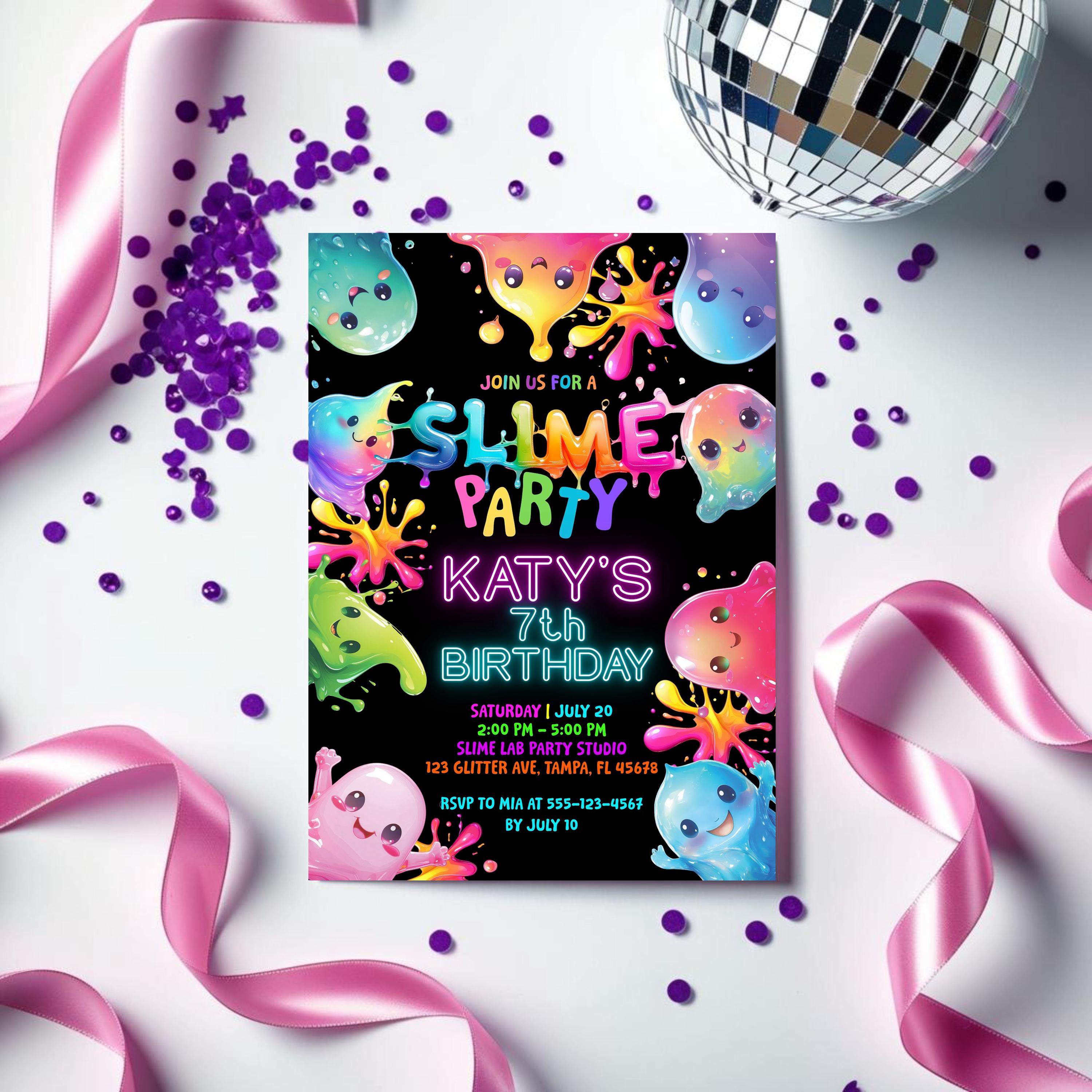 Editable Slime Time Invitation, Neon Glow Slime Birthday Party Template ...