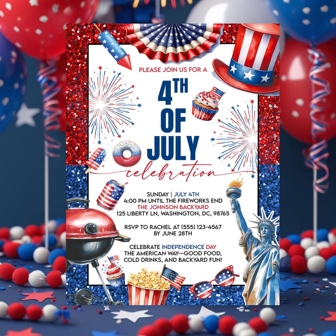 4th of July Invitation, Red White Blue BBQ Invite, July Fourth ...