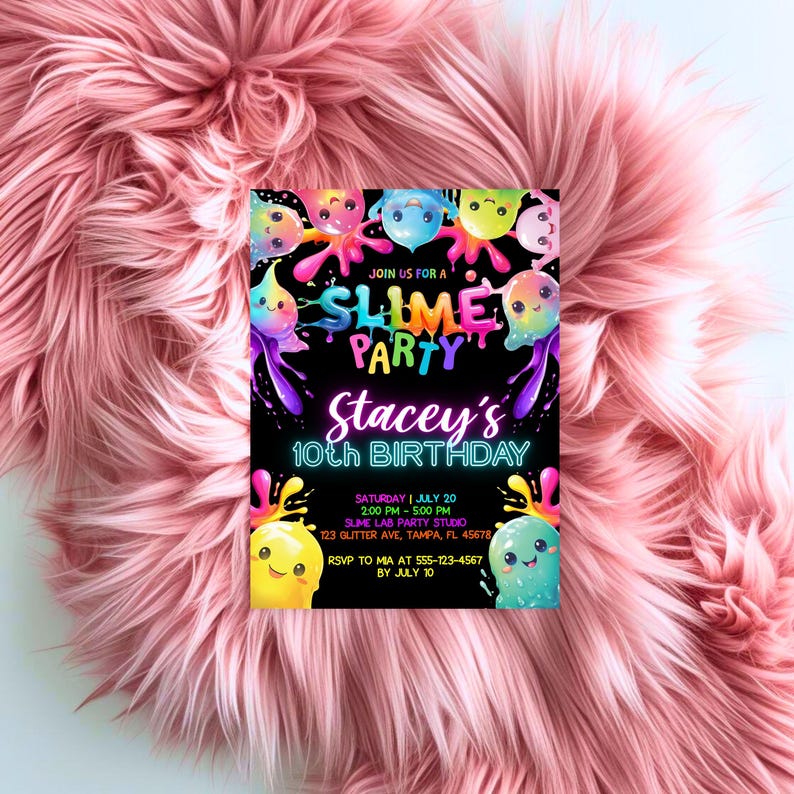 Slime Party Birthday Invitation Template, Editable Neon Glow Slime ...