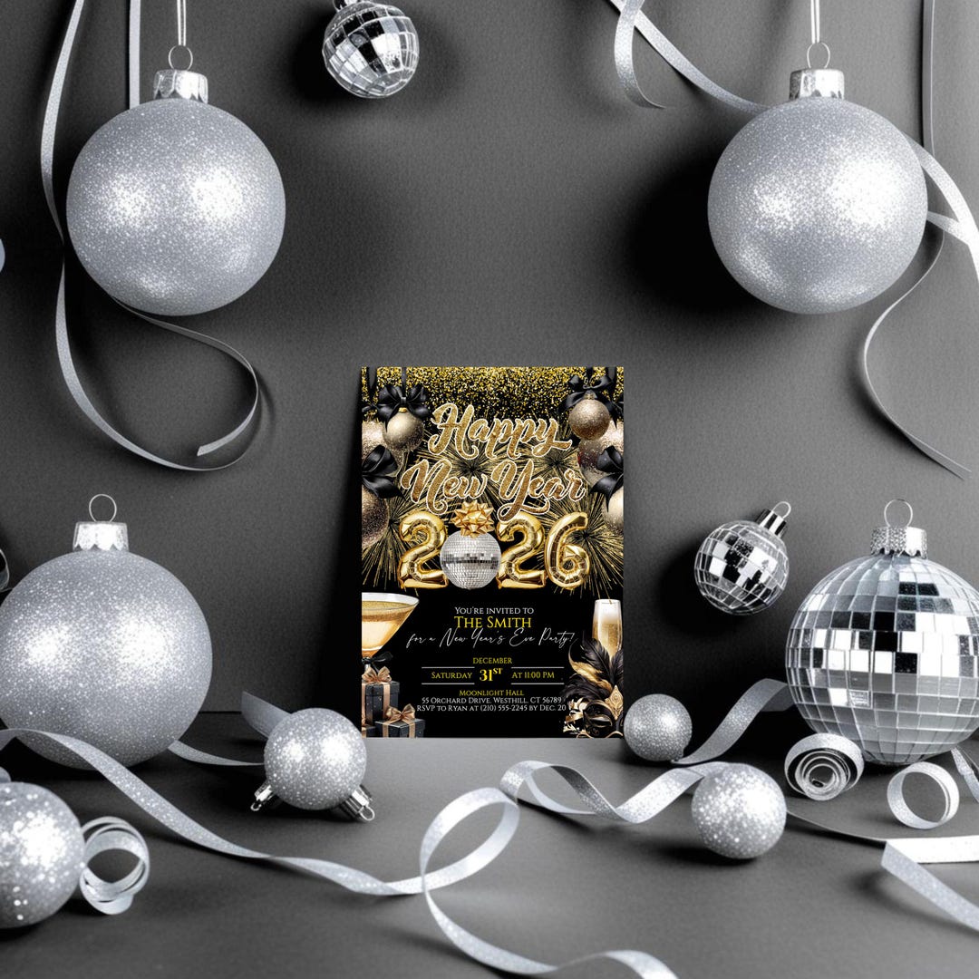 New Year’s Eve Party Invitation 2026, Glam Gold Black NYE Invite, 2026 ...