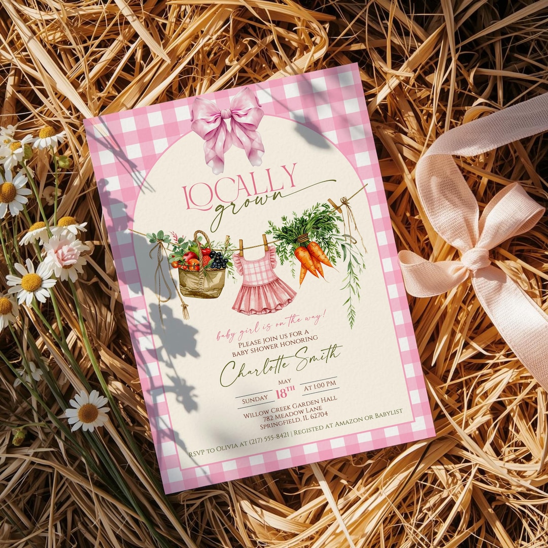 Editable Locally Grown Baby Girl Shower Invitation, Pink Bow Farmers ...