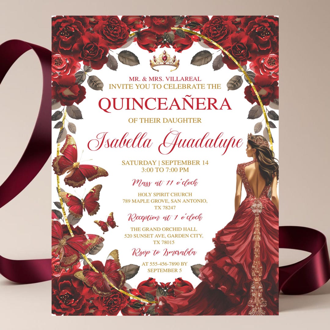 Burgundy Red and Gold Floral Butterfly Quinceañera Invitation, Editable ...