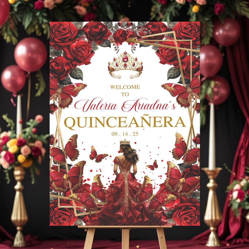 Editable Mis Quince Anos Welcome Sign, Editable Burgundy & Gold Floral ...