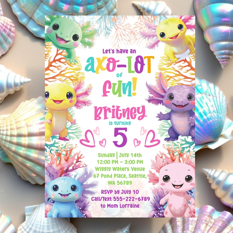 Editable Axolotl Birthday Invitation, Under Sea Theme Party, Axolotl ...