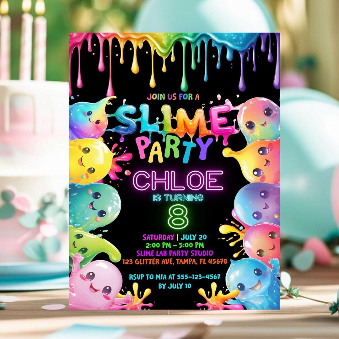 Slime Birthday Invitation Editable, Neon Glow Slime Party Canva ...