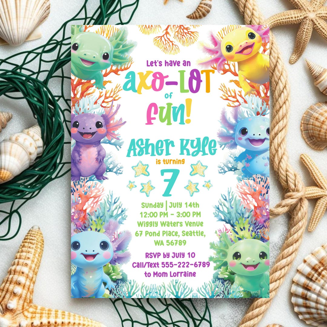 Colorful Axolotl Birthday Invitation, Axolotl Birthday Party, Under Sea ...