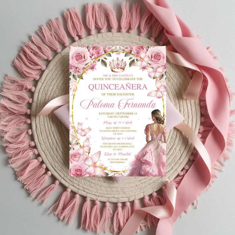 Editable Pink & Rose Gold Quince, Butterfly Party, Floral Mis Quince ...