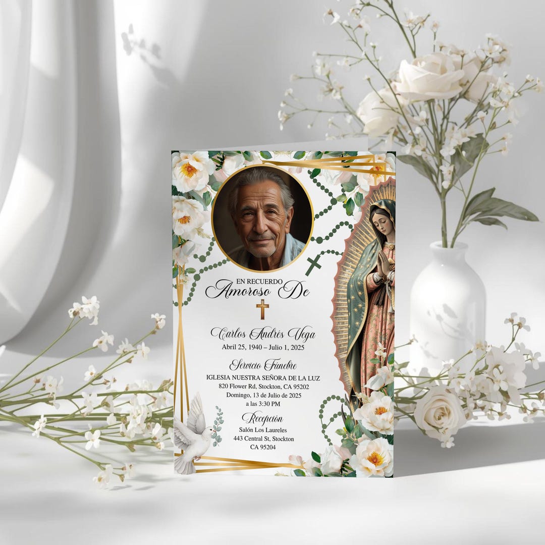 Carta Funeraria Católica Editable, Rosa Blanca Verde, Virgen De ...