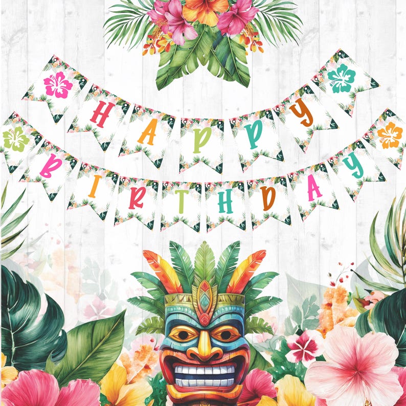Aloha Luau Birthday Banner for Girl, Hawaiian Tropical Party Bunting ...