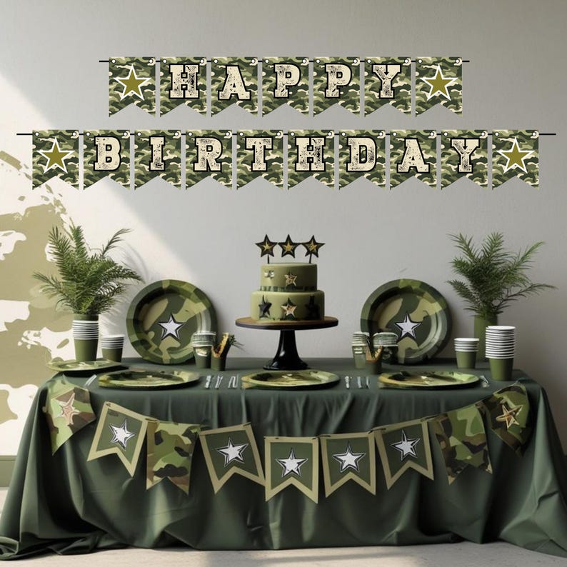 Military Happy Birthday Sign, Camouflage Party Decor, Printable Army ...