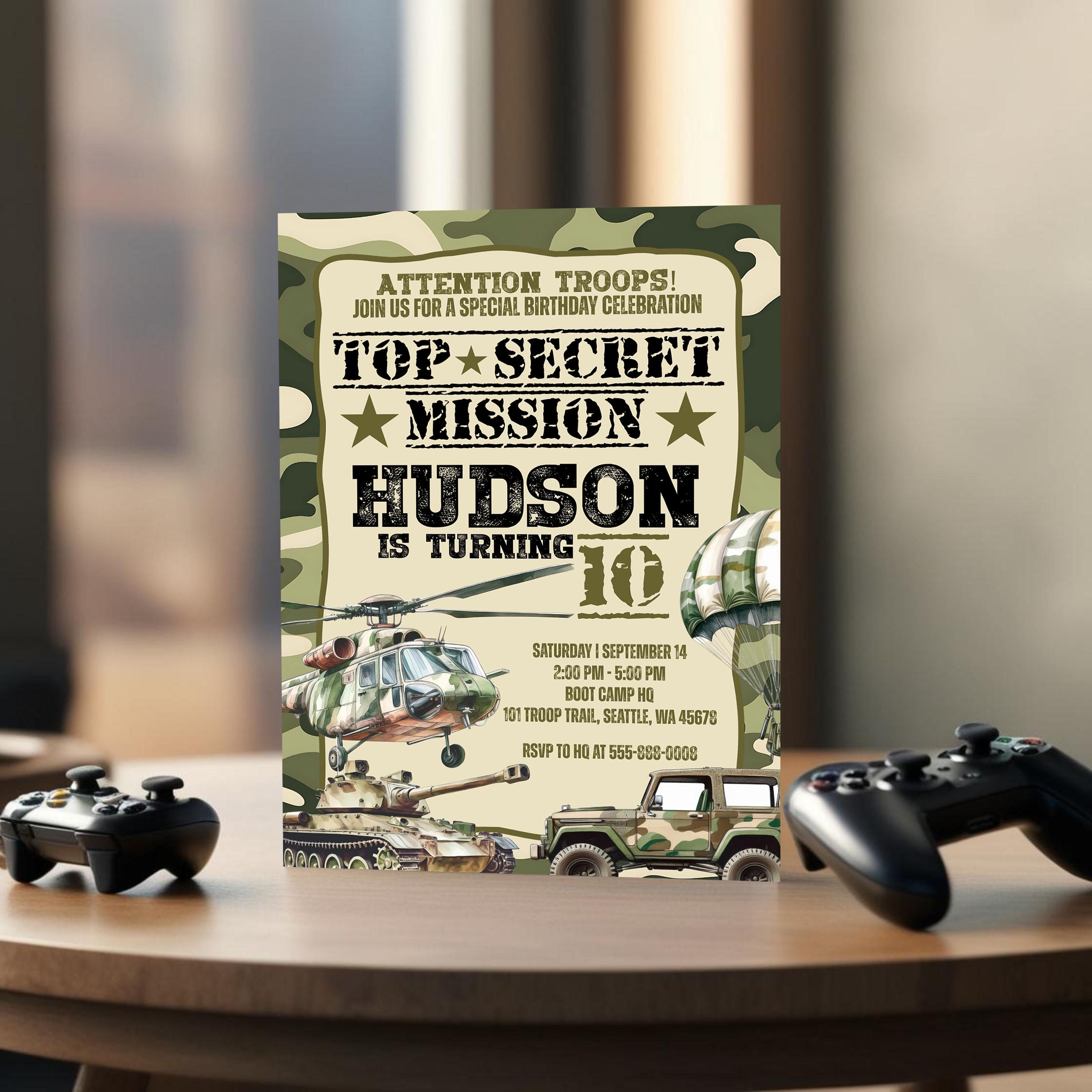 Military Birthday Party Invite, Army Theme Invitation for Kids ...